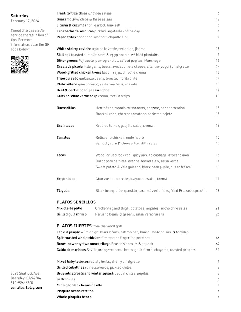Menus | Comal in Berkeley, CA