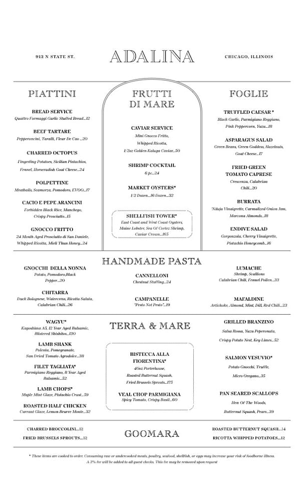Dinner Menu | Adalina | Italian Restaurant in Chicago, IL