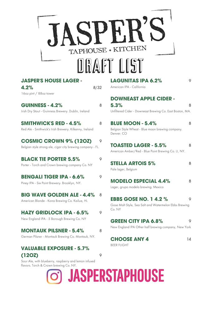 Menus | Jasper's Taphouse & Kitchen