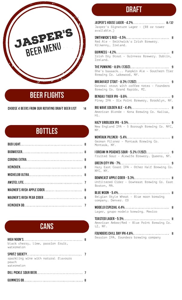 Menus | Jasper's Taphouse & Kitchen