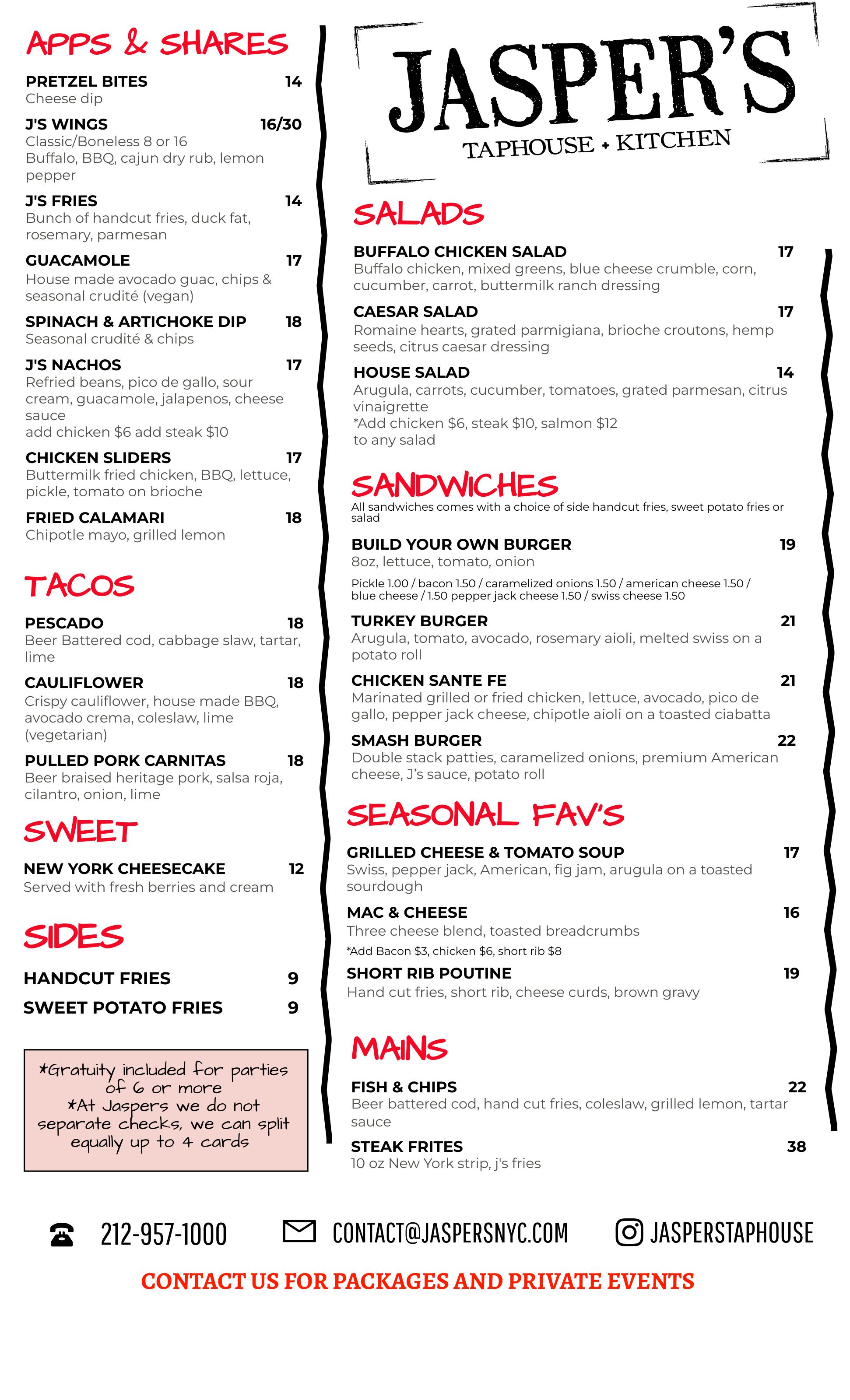 Menus | Jasper's Taphouse & Kitchen