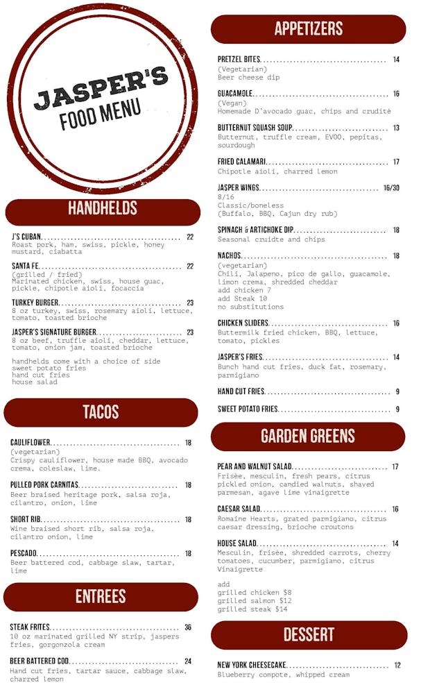Menus | Jasper's Taphouse & Kitchen