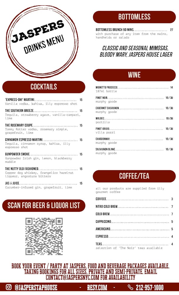 Menus | Jasper's Taphouse & Kitchen