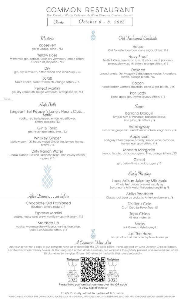 Menus | Common Restaurant in Savannah, GA
