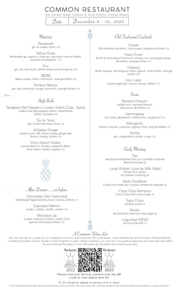 Dinner Menu | Common Restaurant | American Restaurant in Savannah, GA