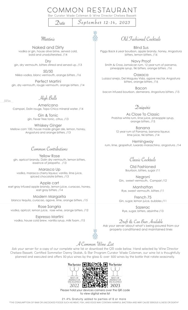 Dinner Menu | Common Restaurant | American Restaurant in Savannah, GA