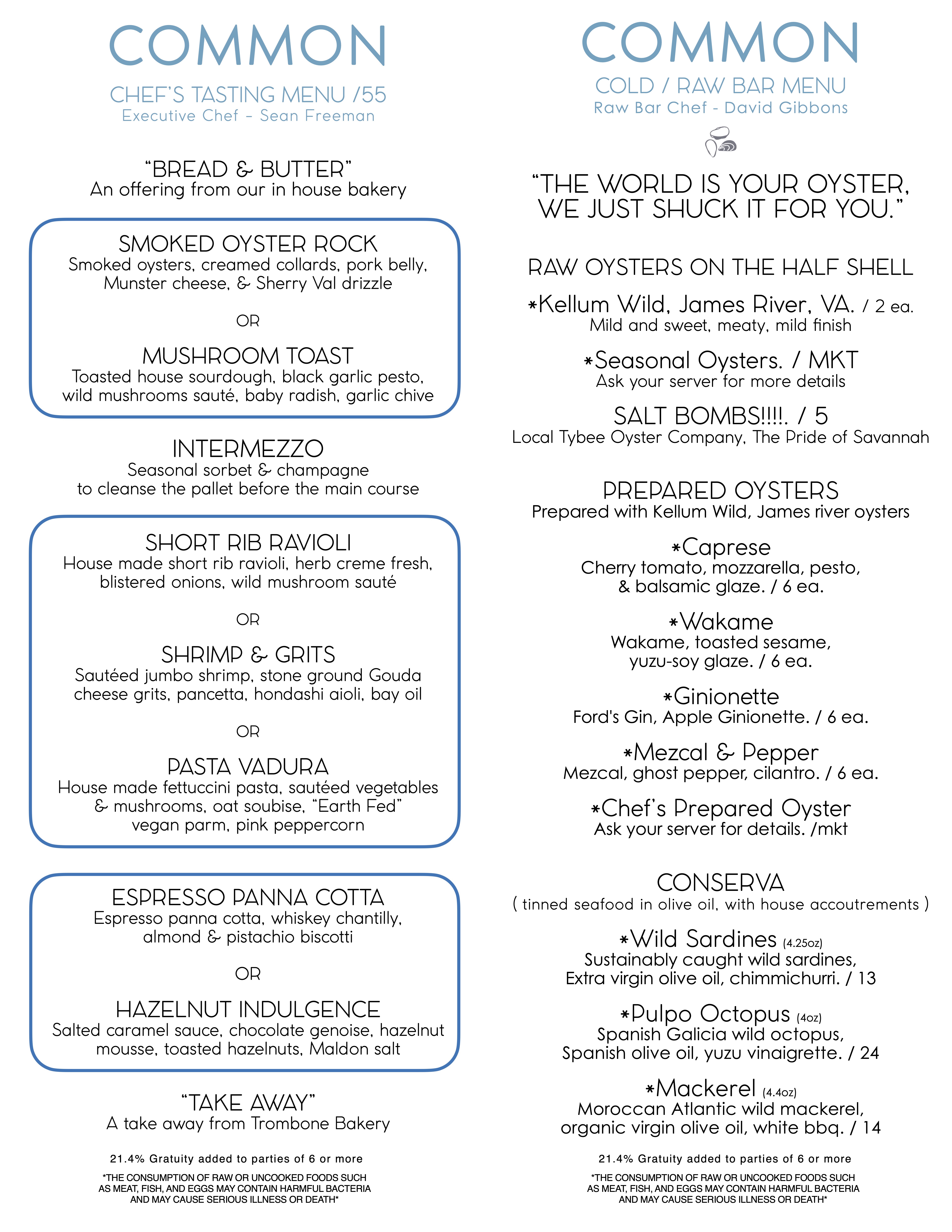 Dinner Menu | Common Restaurant | American Restaurant in Savannah, GA