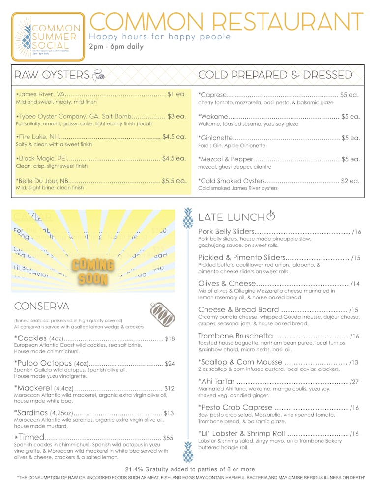 Summer Social (happy Hours) | Common Restaurant | American Restaurant ...