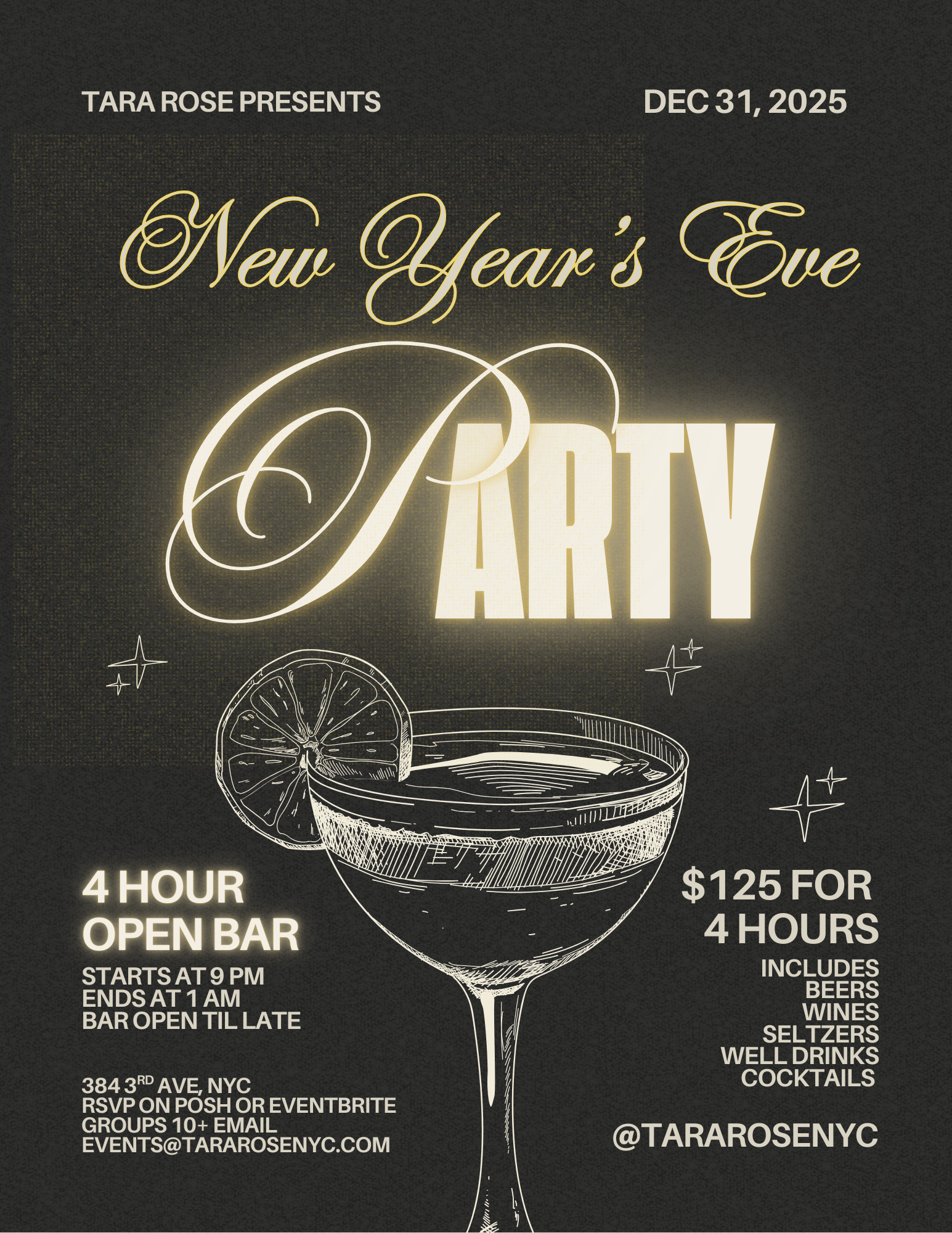 Your Ultimate New Year's Eve Party in NYC: 4-Hour Open Bar at Tara Rose