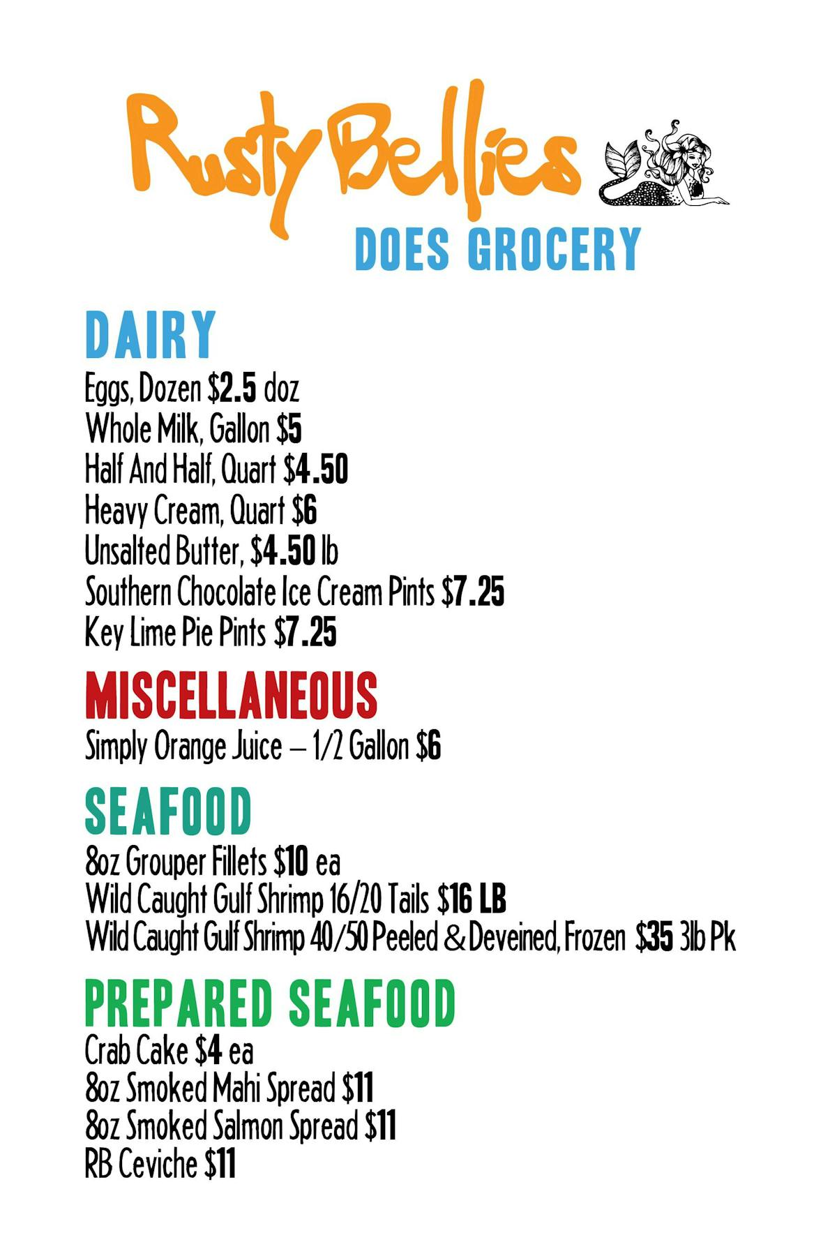 Grocery List (click +scroll) | Rusty Bellies Waterfront Grill | Seafood ...