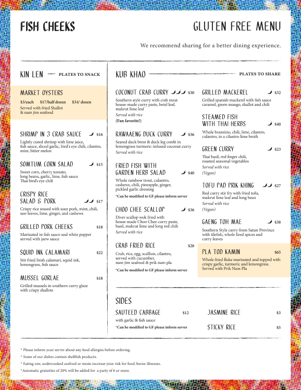 Menus | Fish Cheeks in NYC