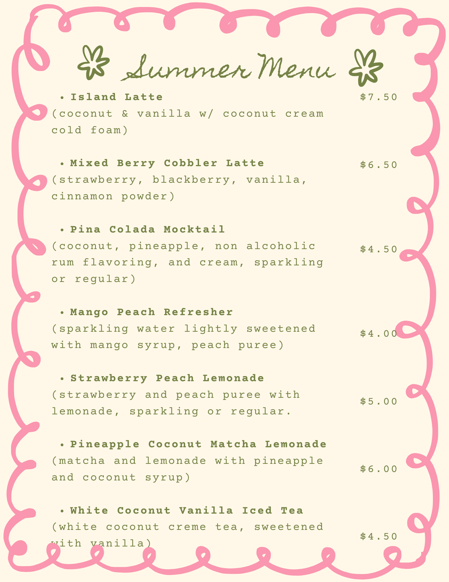 Summer Drinks Menu | Round House Bakery | Bakery in Stillwater, OK