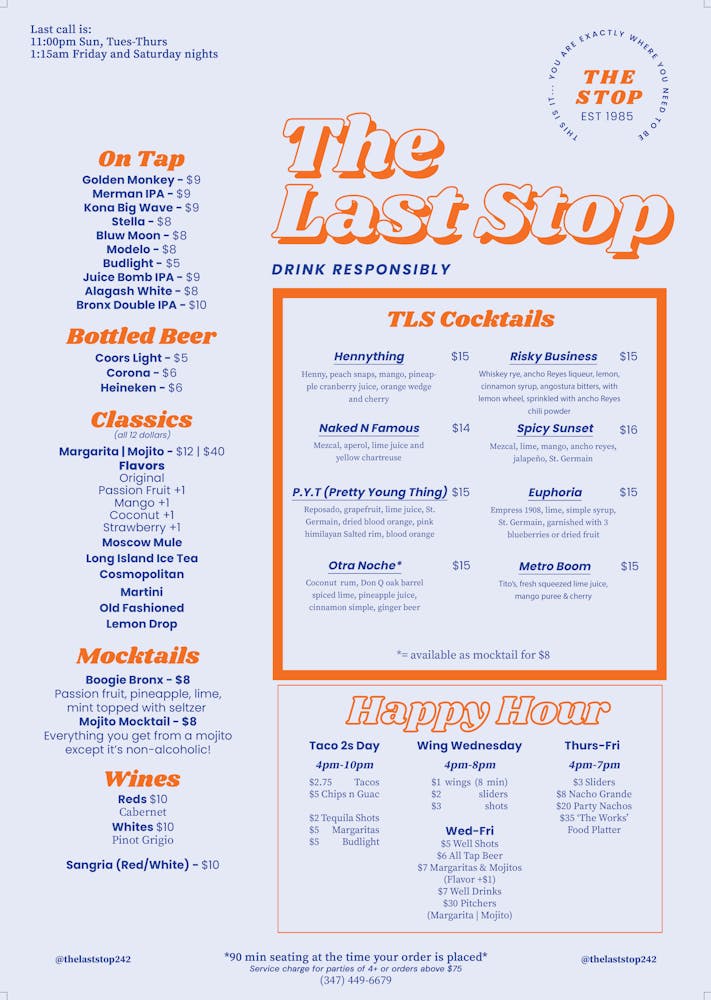 Menus | The Last Stop in The Bronx, NY