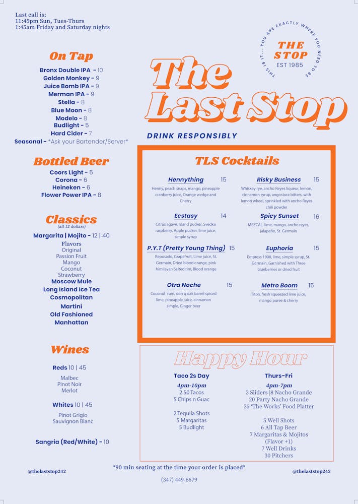 Menus | The Last Stop in The Bronx, NY