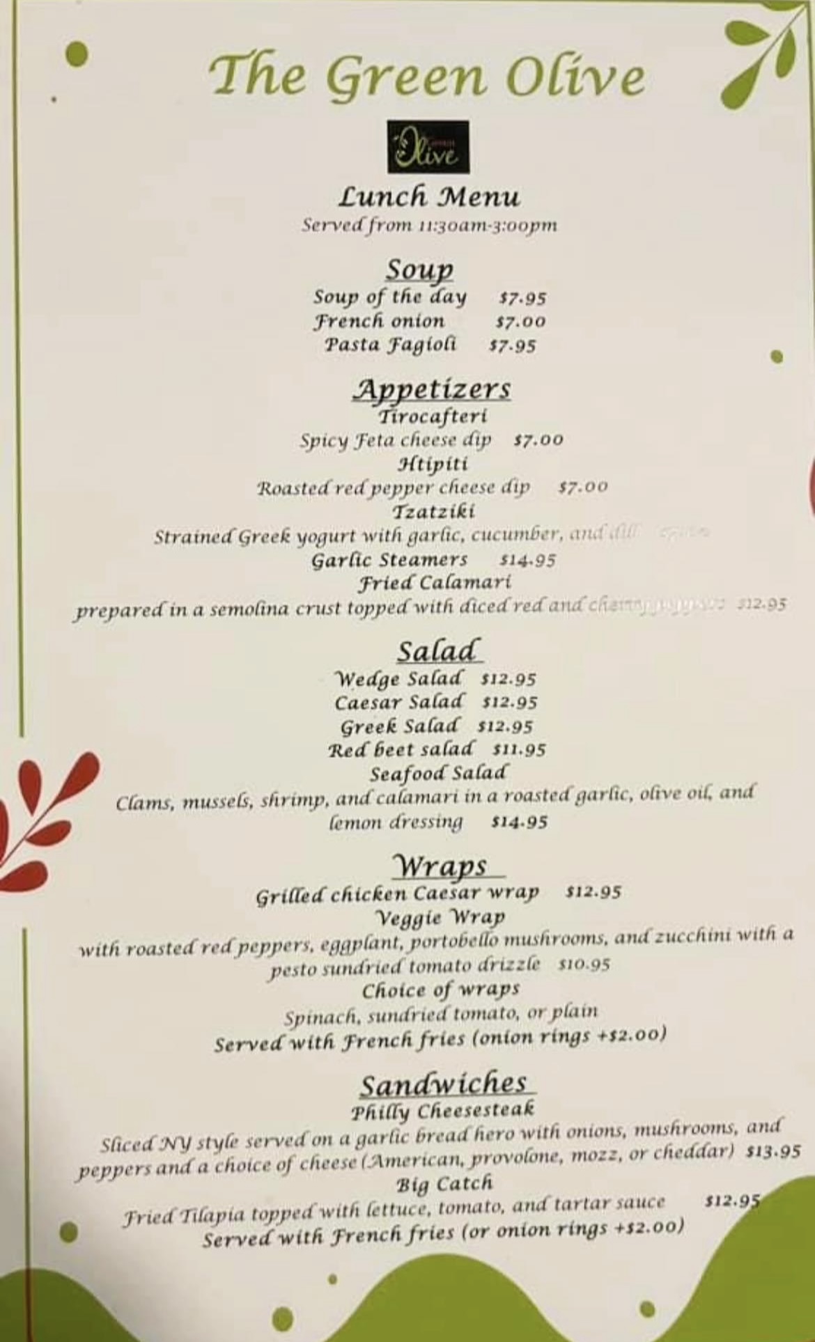 Green olive menu store
