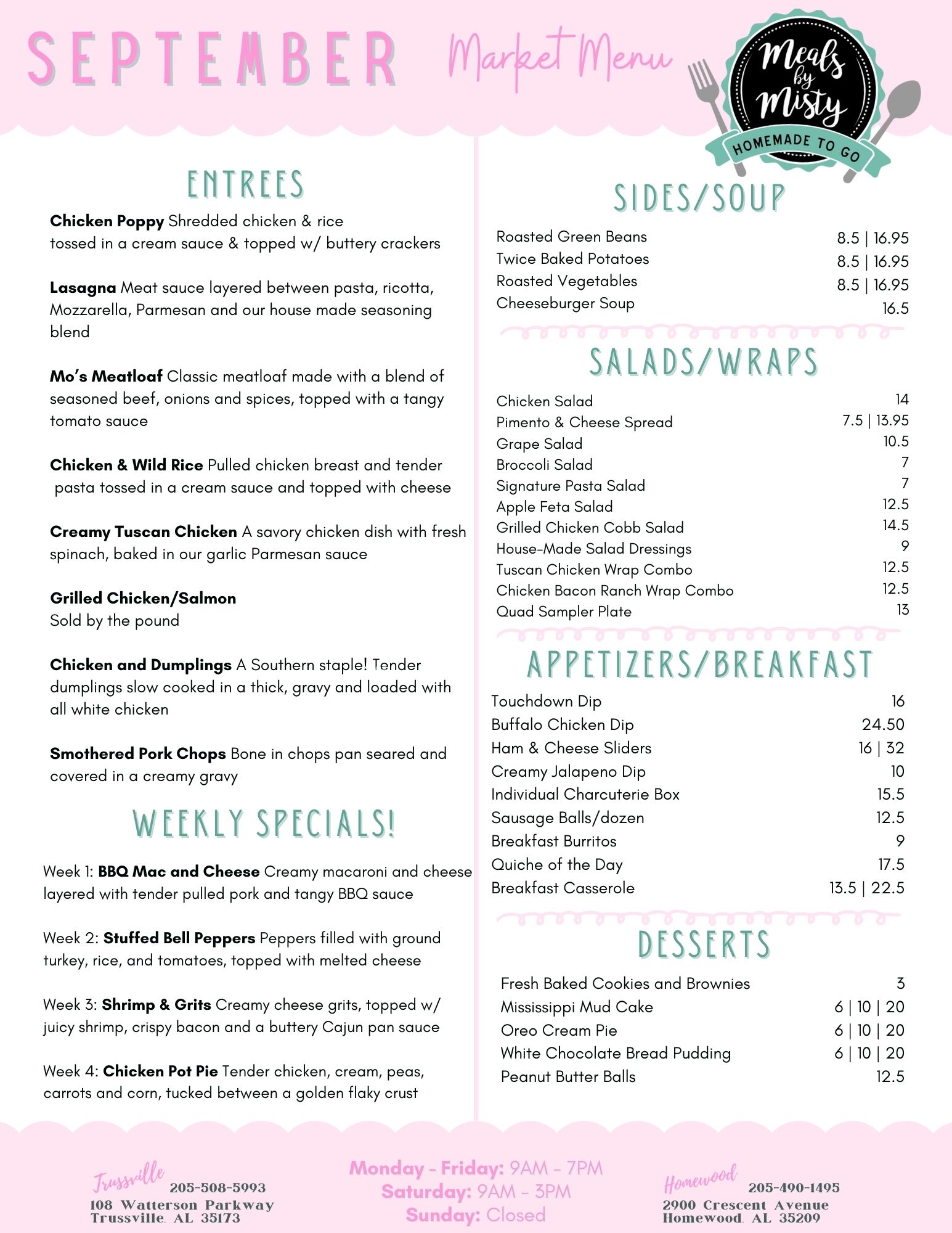 Menus | Meals by Misty | Gourmet Market and Caterer in AL