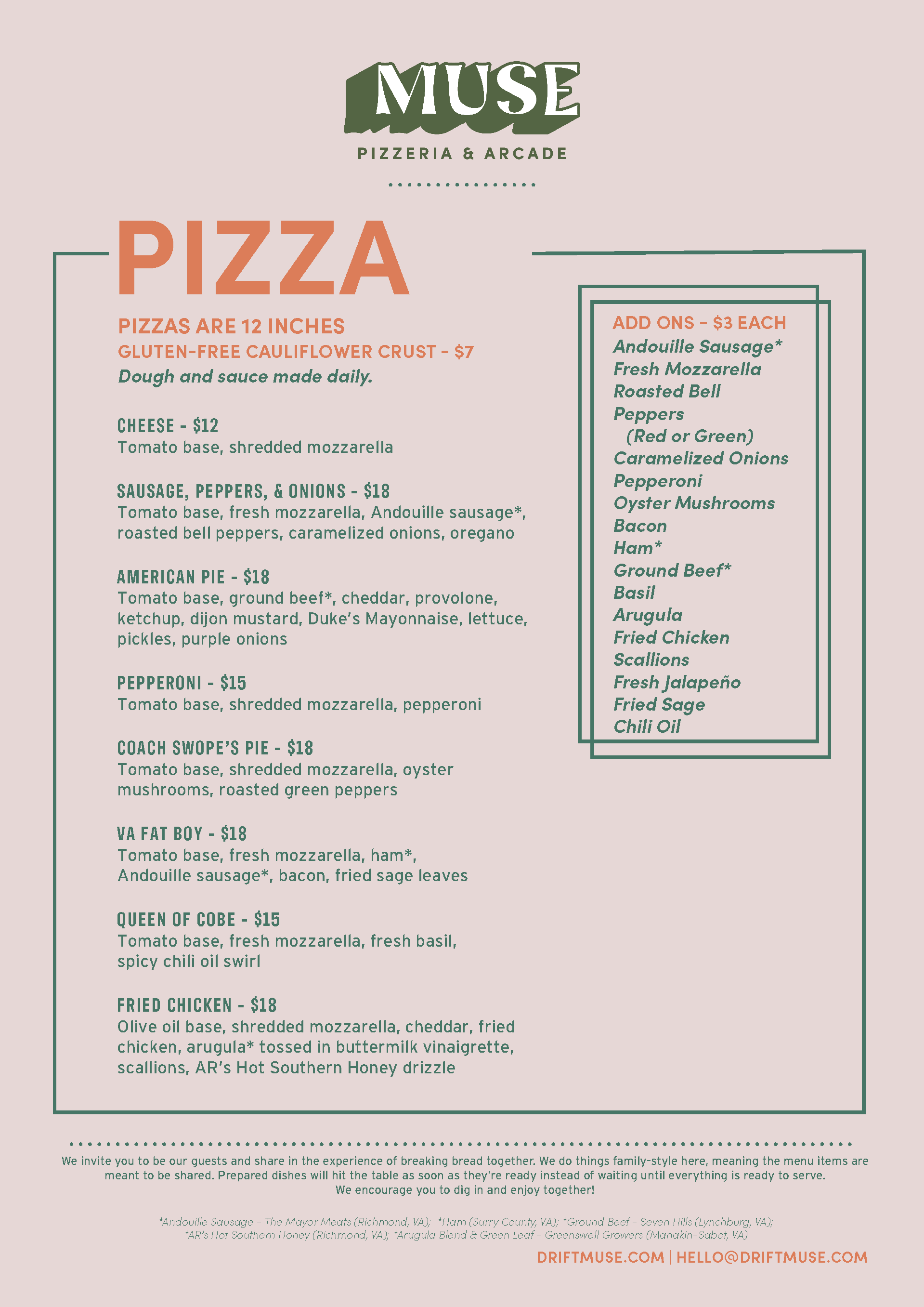 Muse Menu | Drift Seafood + Bar / Muse Pizzeria & Arcade | Italian ...