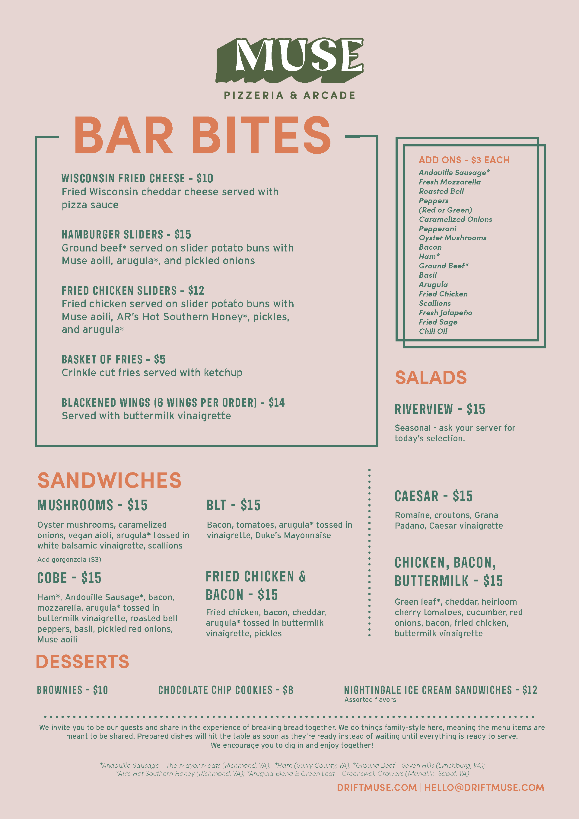 Muse Menu | Drift Seafood + Bar / Muse Pizzeria & Arcade | Italian ...