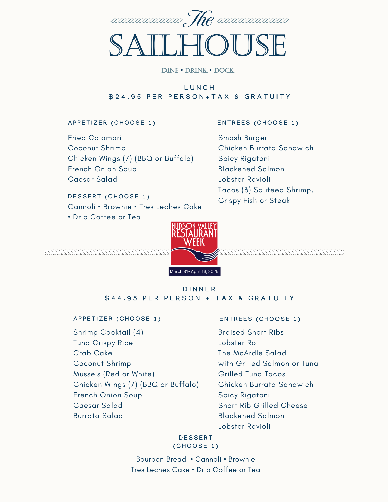Menus | The Sailhouse in Tarrytown, NY
