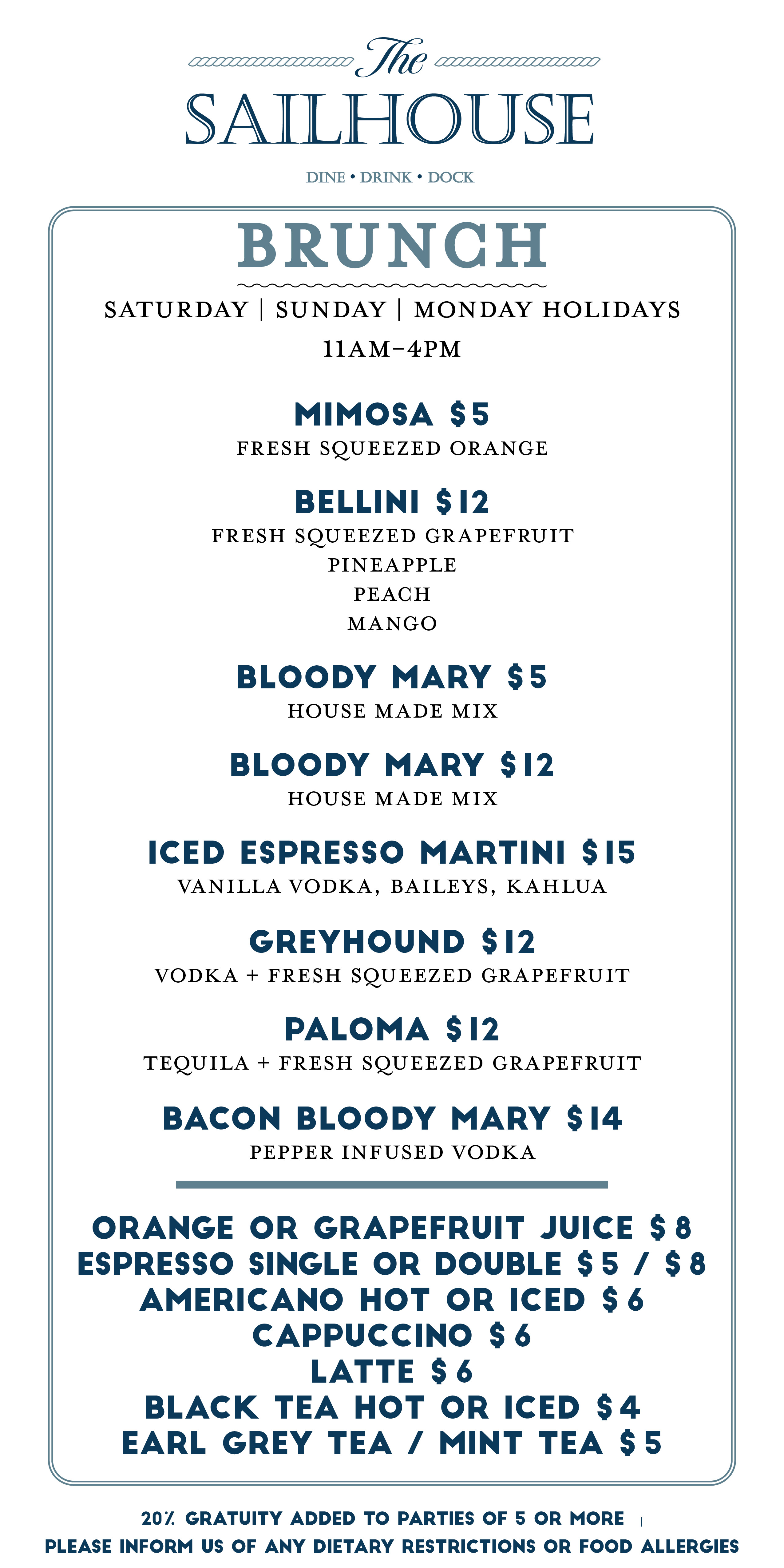 Menus | The Sailhouse in Tarrytown, NY