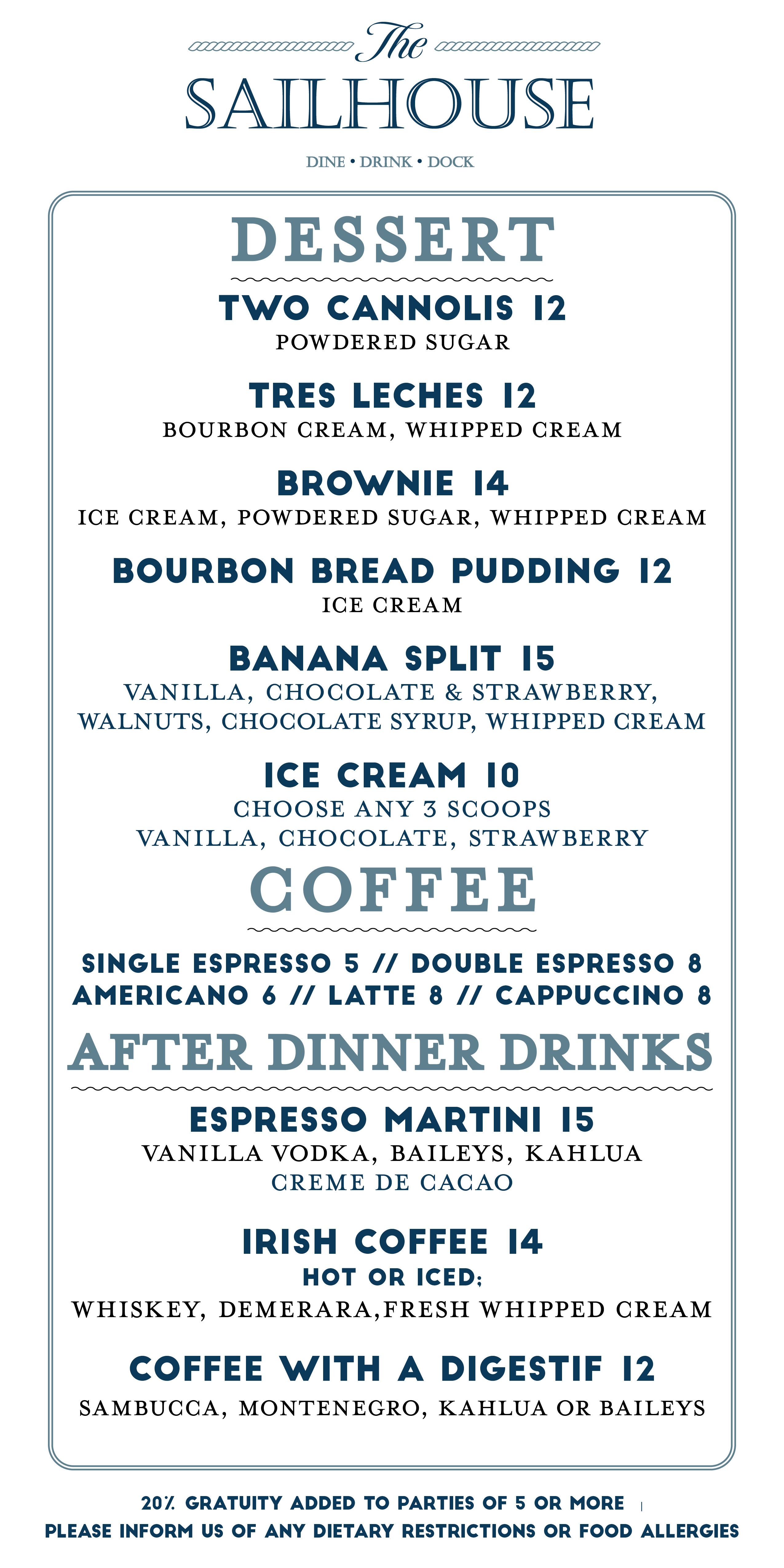 Menus | The Sailhouse in Tarrytown, NY