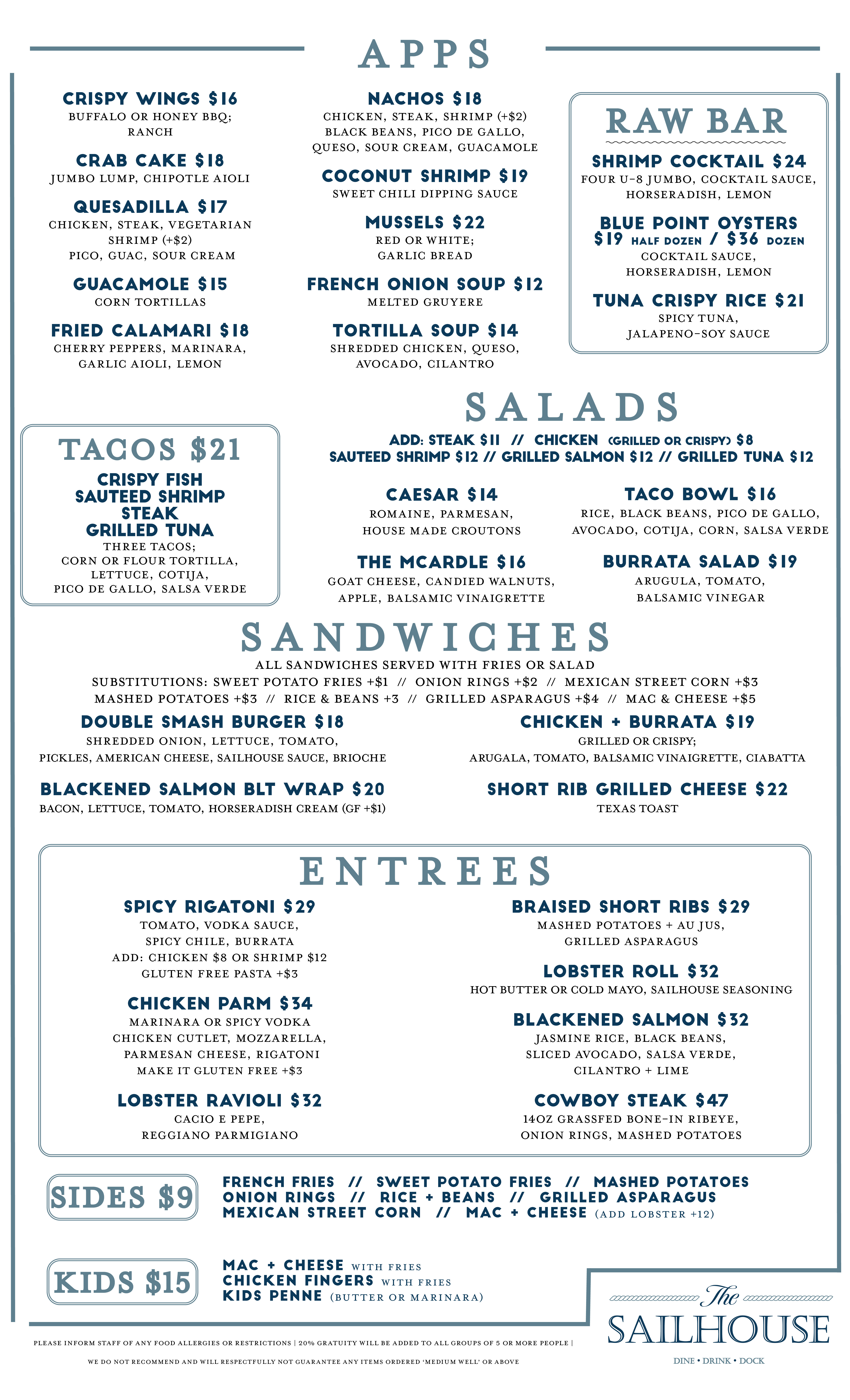 Menus | The Sailhouse in Tarrytown, NY