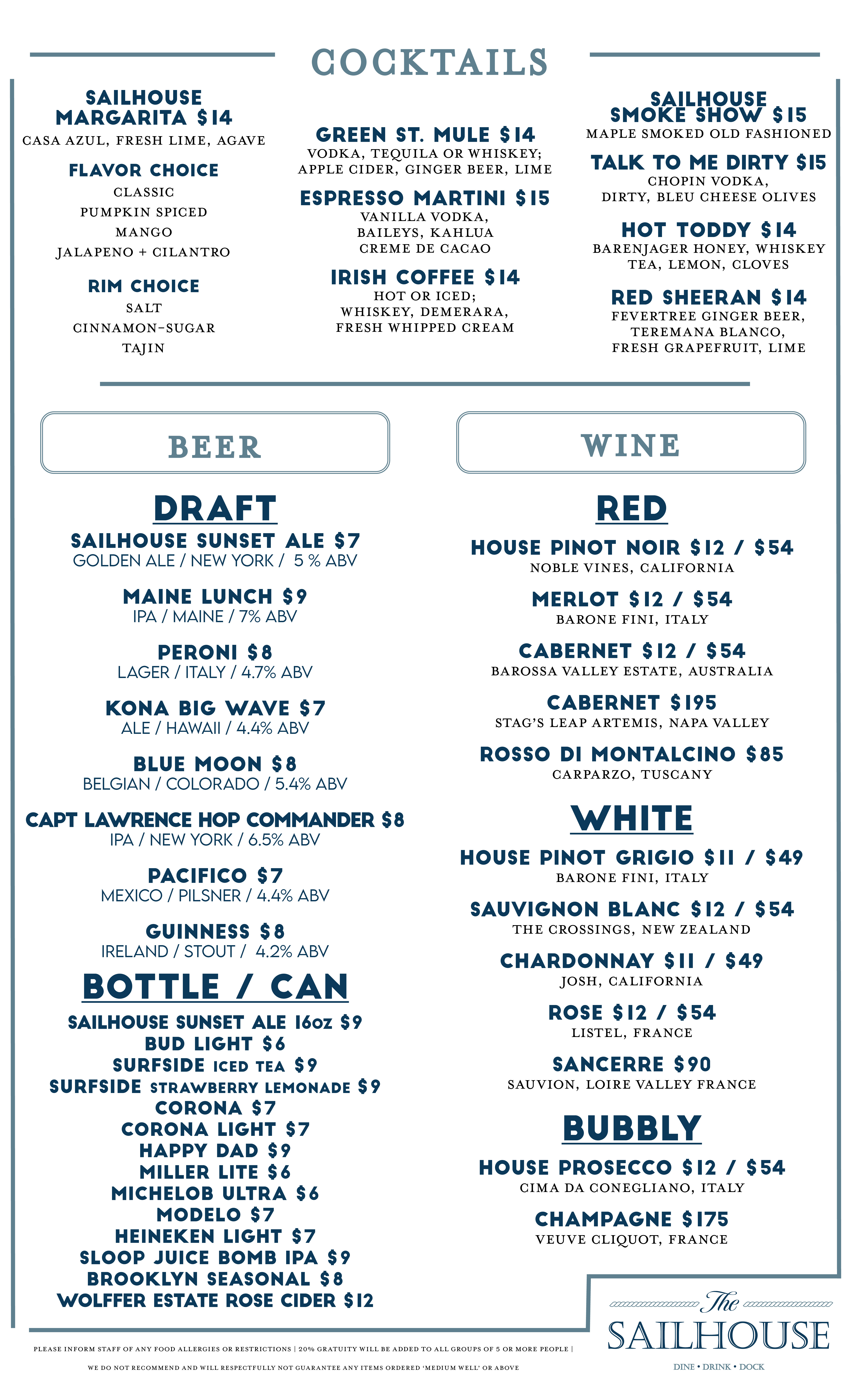 Menus | The Sailhouse in Tarrytown, NY