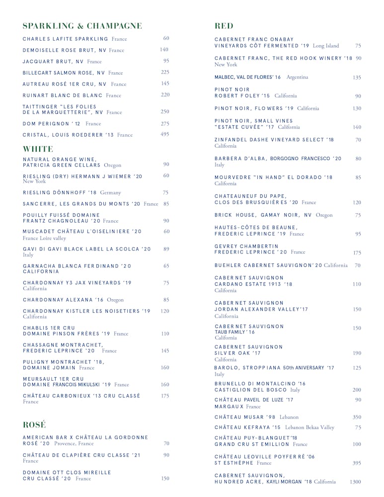 Menus | American Bar in West Village, NYC