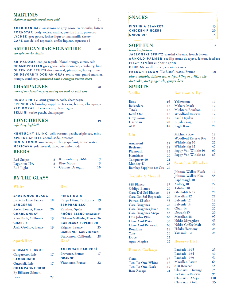 Menus | American Bar in West Village, NYC