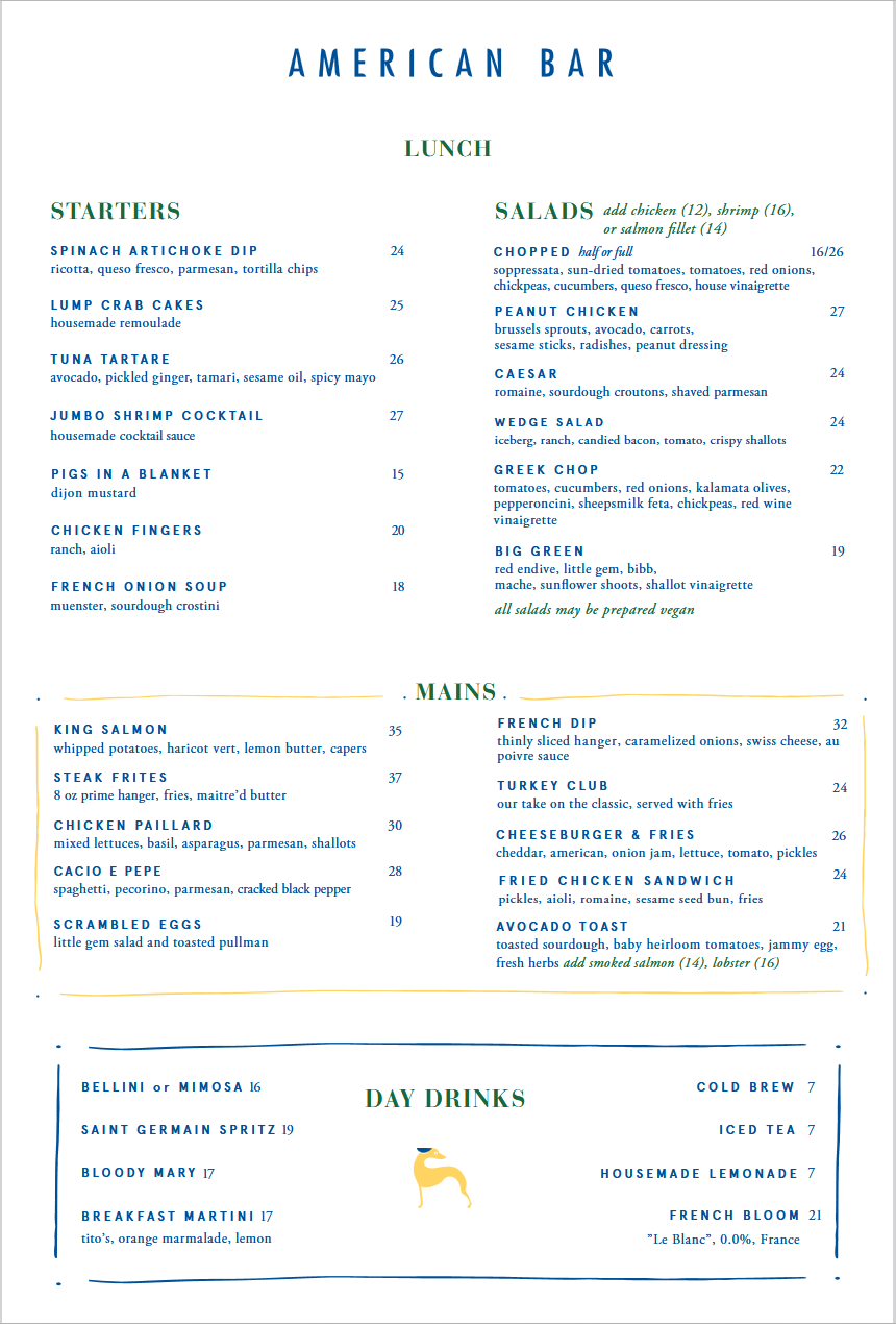 Menus | American Bar in West Village, NYC