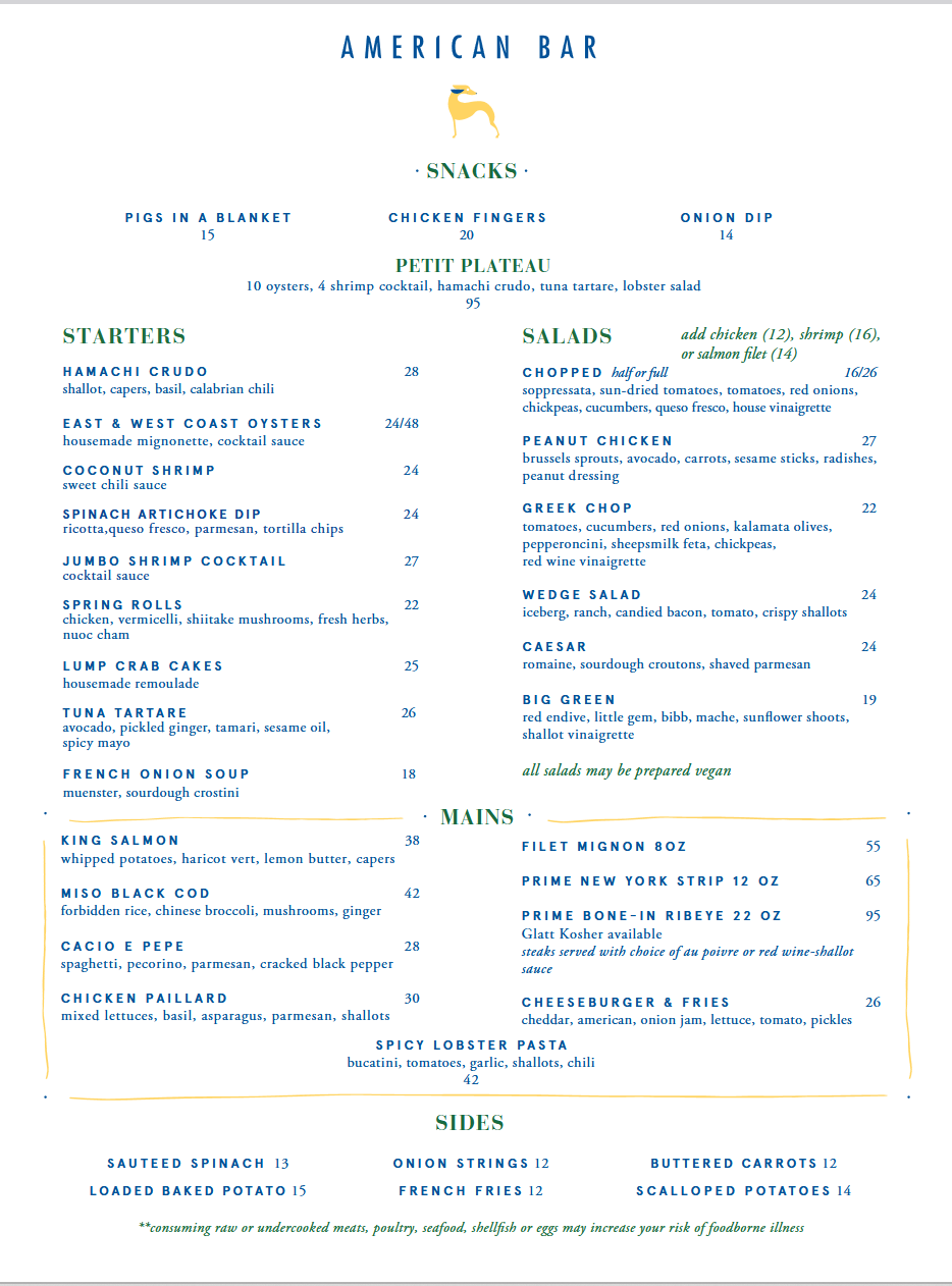 Menus | American Bar in West Village, NYC