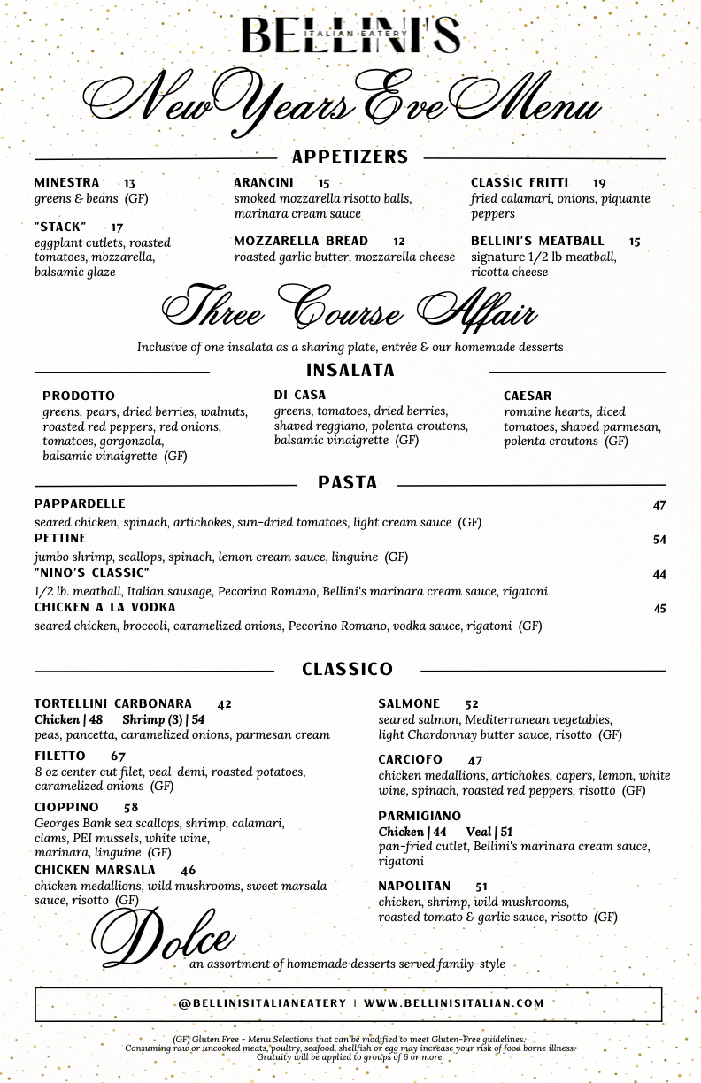 New Year's Eve Menu! | Bellini's | Italian Restaurant in New York