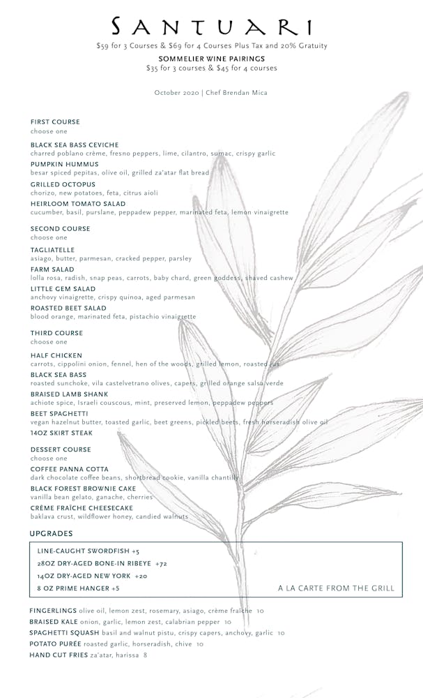 Menus | Santuari Restaurant in Los Angeles, CA