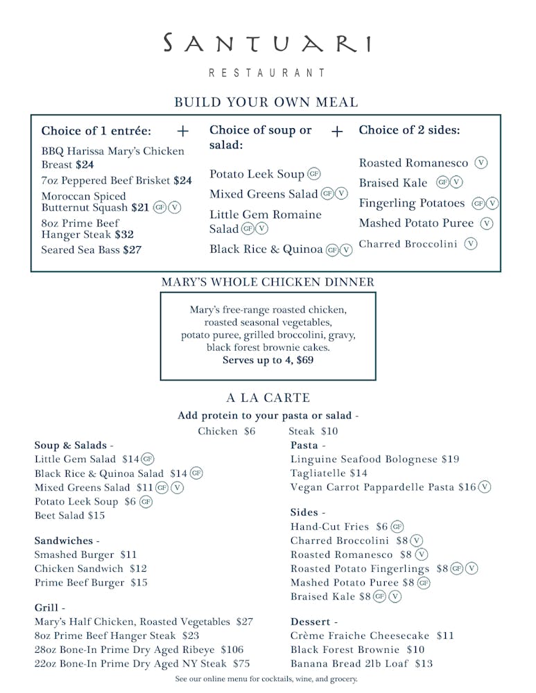 Menus | Santuari Restaurant in Los Angeles, CA