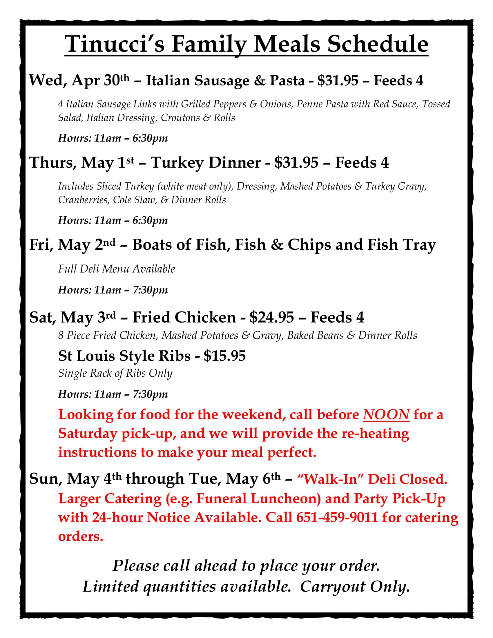 Special Meal Promotions Tinucci's in Newport, MN