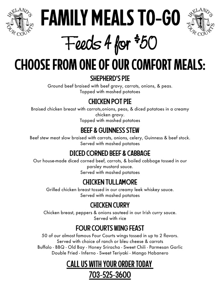 Menus | Ireland's Four Courts