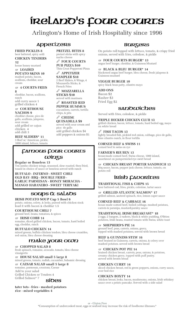 Menus | Ireland's Four Courts