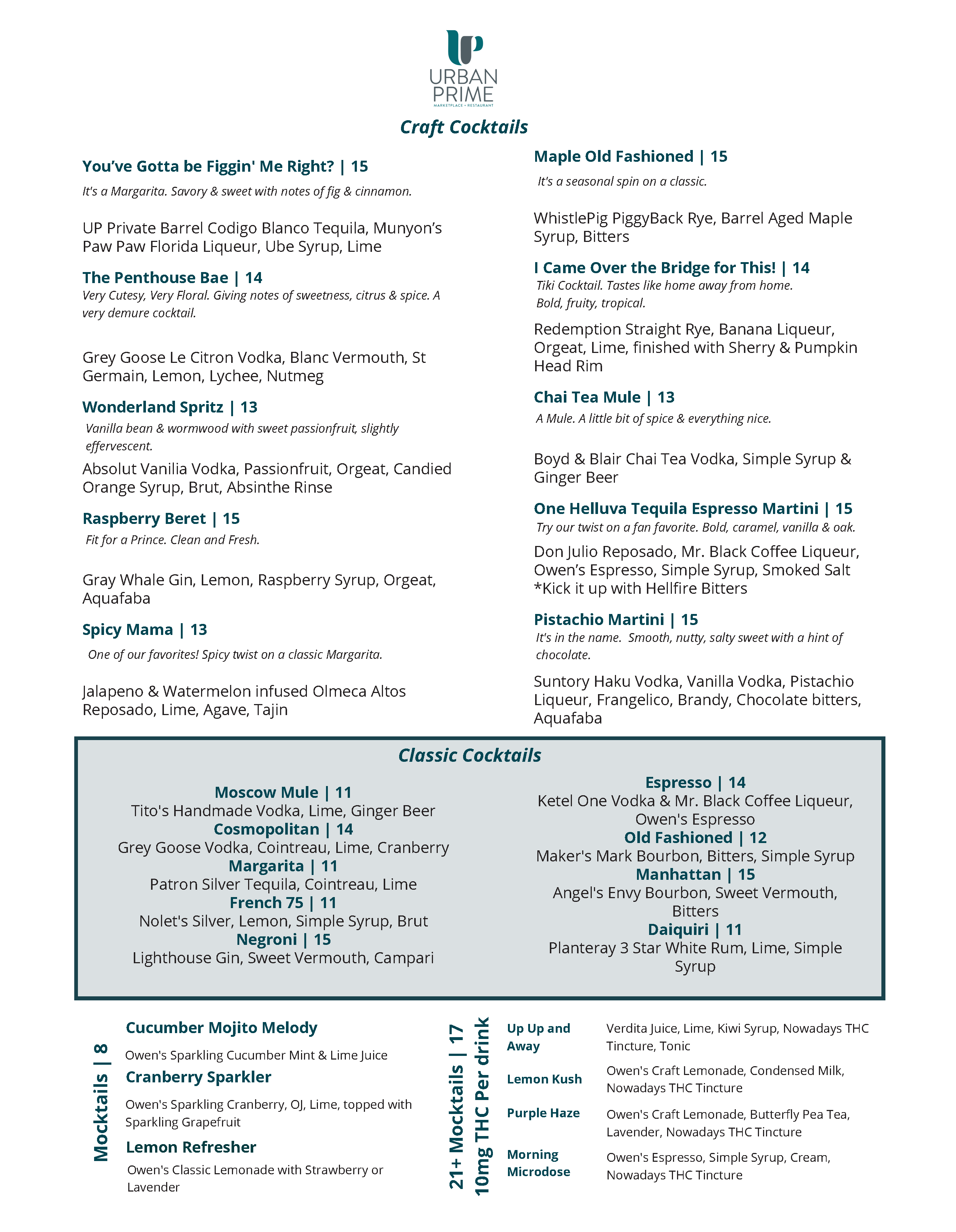 Menus | Urban Prime in Melbourne, FL