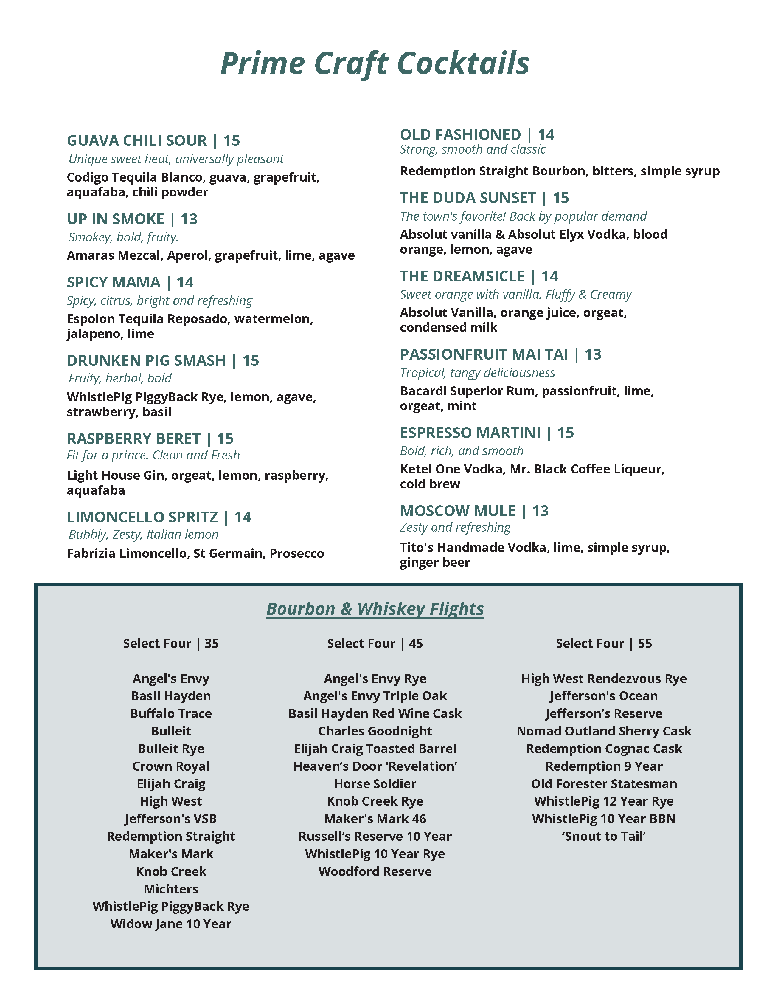 Menus | Urban Prime in Melbourne, FL