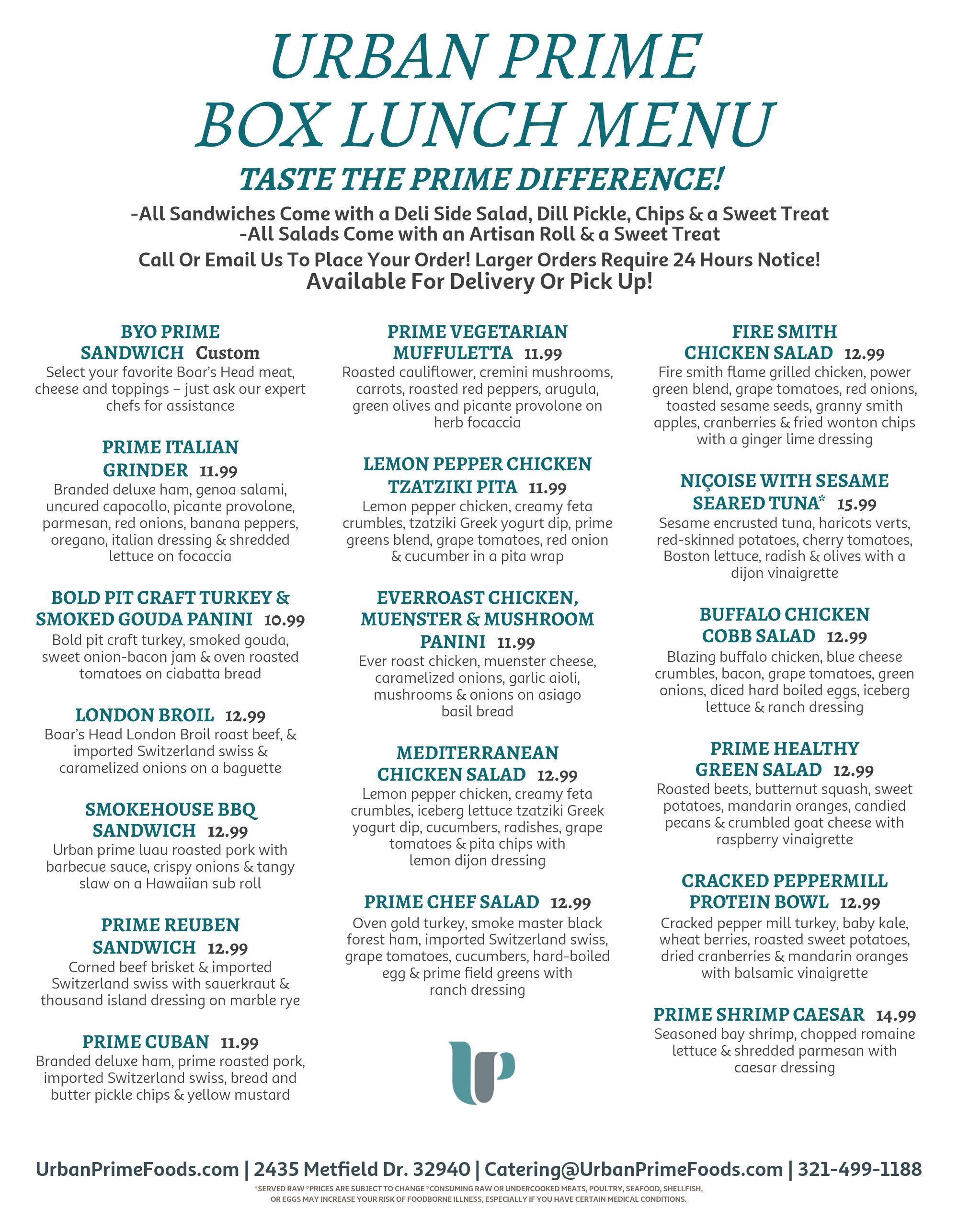 Menus | Urban Prime in Melbourne, FL