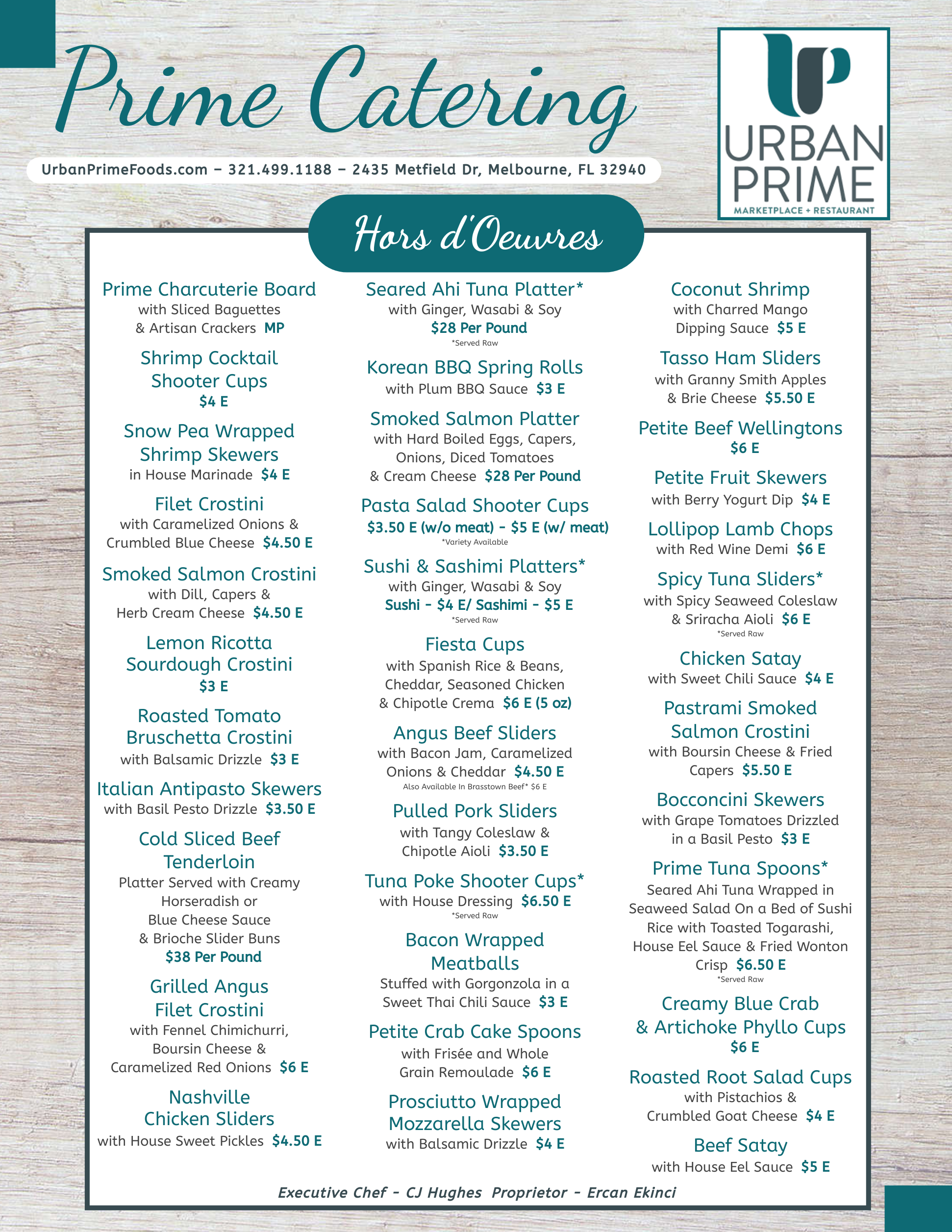Menus | Urban Prime in Melbourne, FL