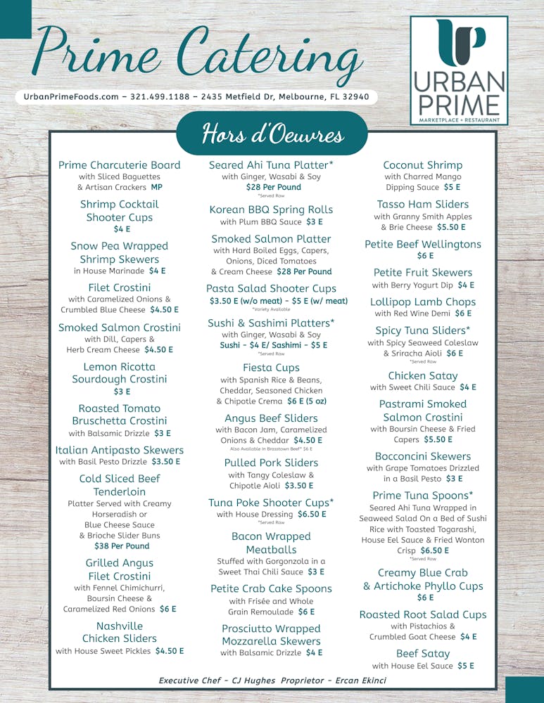 Menus | Urban Prime in Melbourne, FL