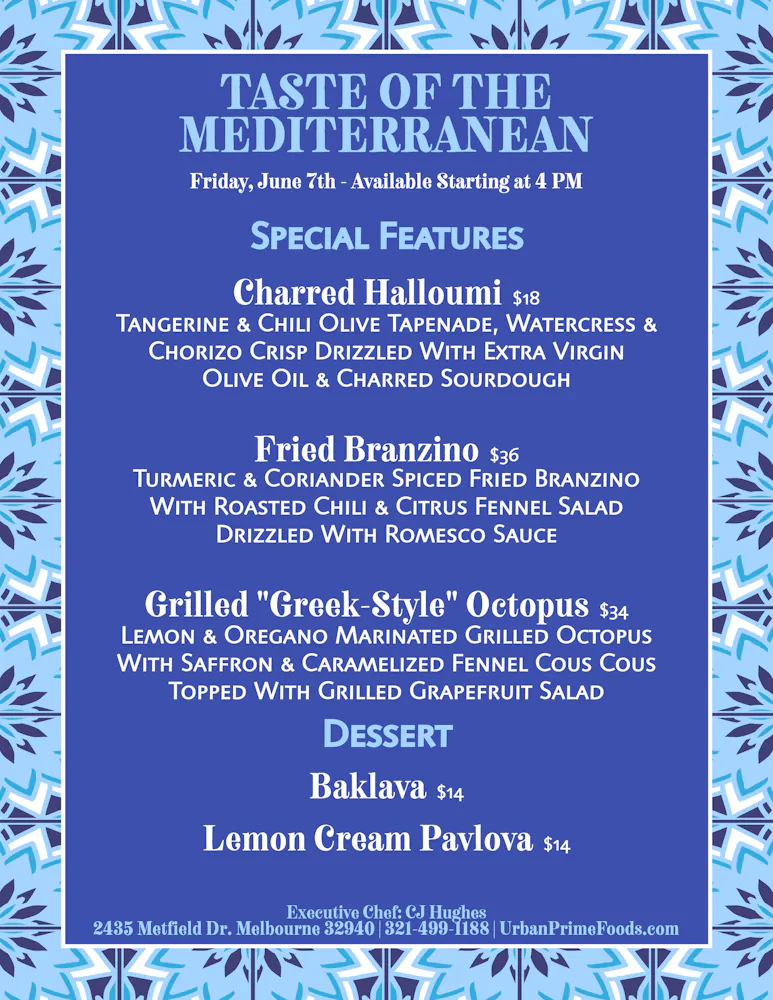 Menus | Urban Prime in Melbourne, FL