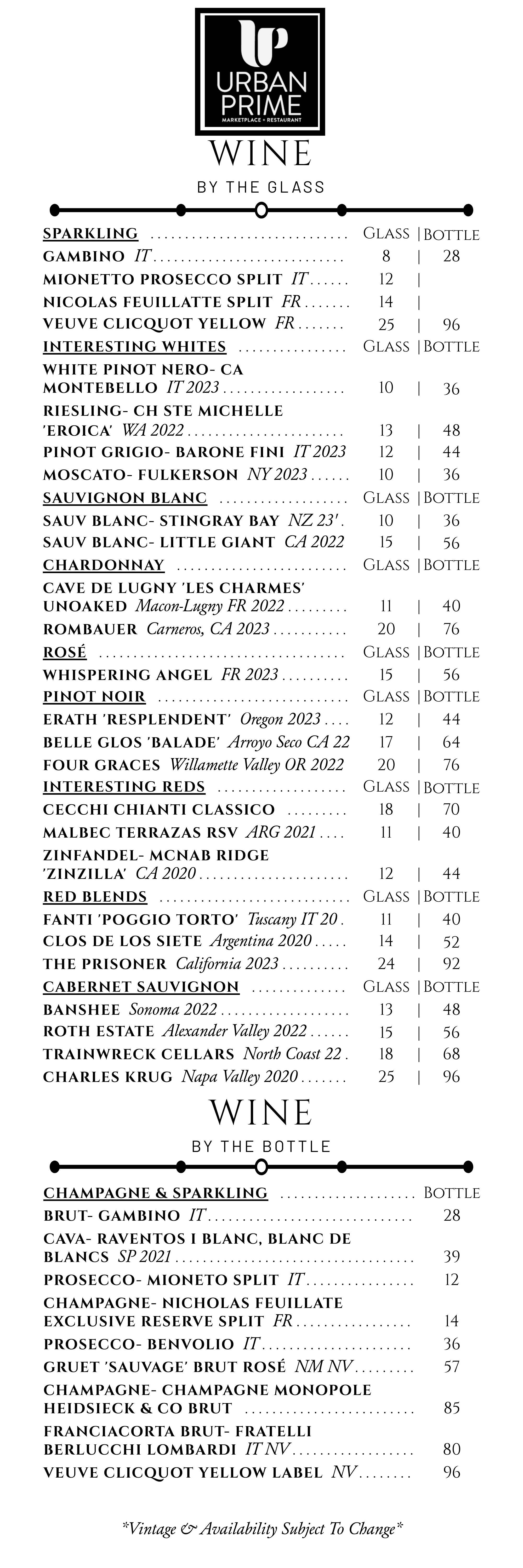 Menus | Urban Prime in Melbourne, FL