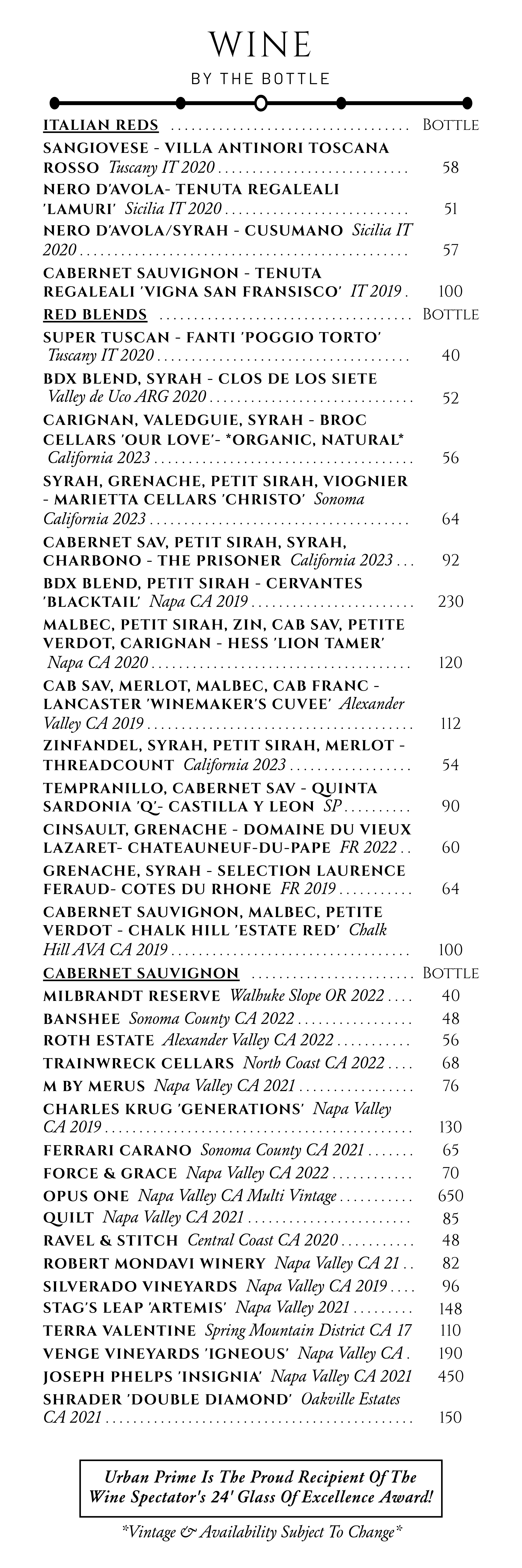 Menus | Urban Prime in Melbourne, FL