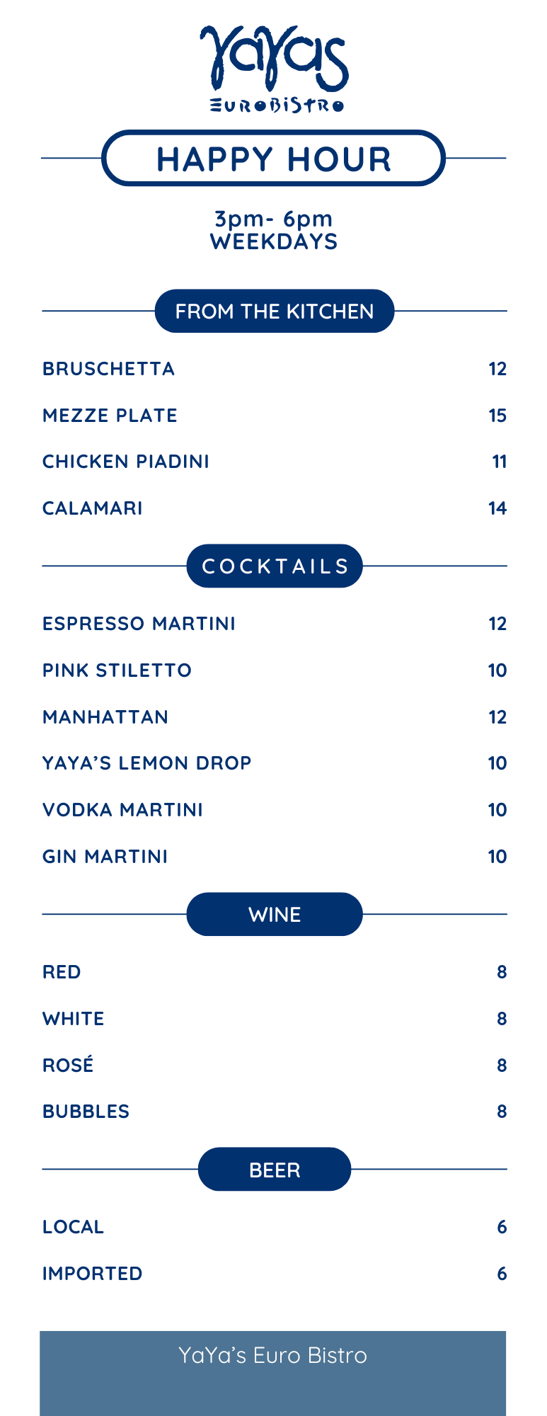 Menus | Ya Ya's Euro Bistro Denver in Greenwood Village, CO
