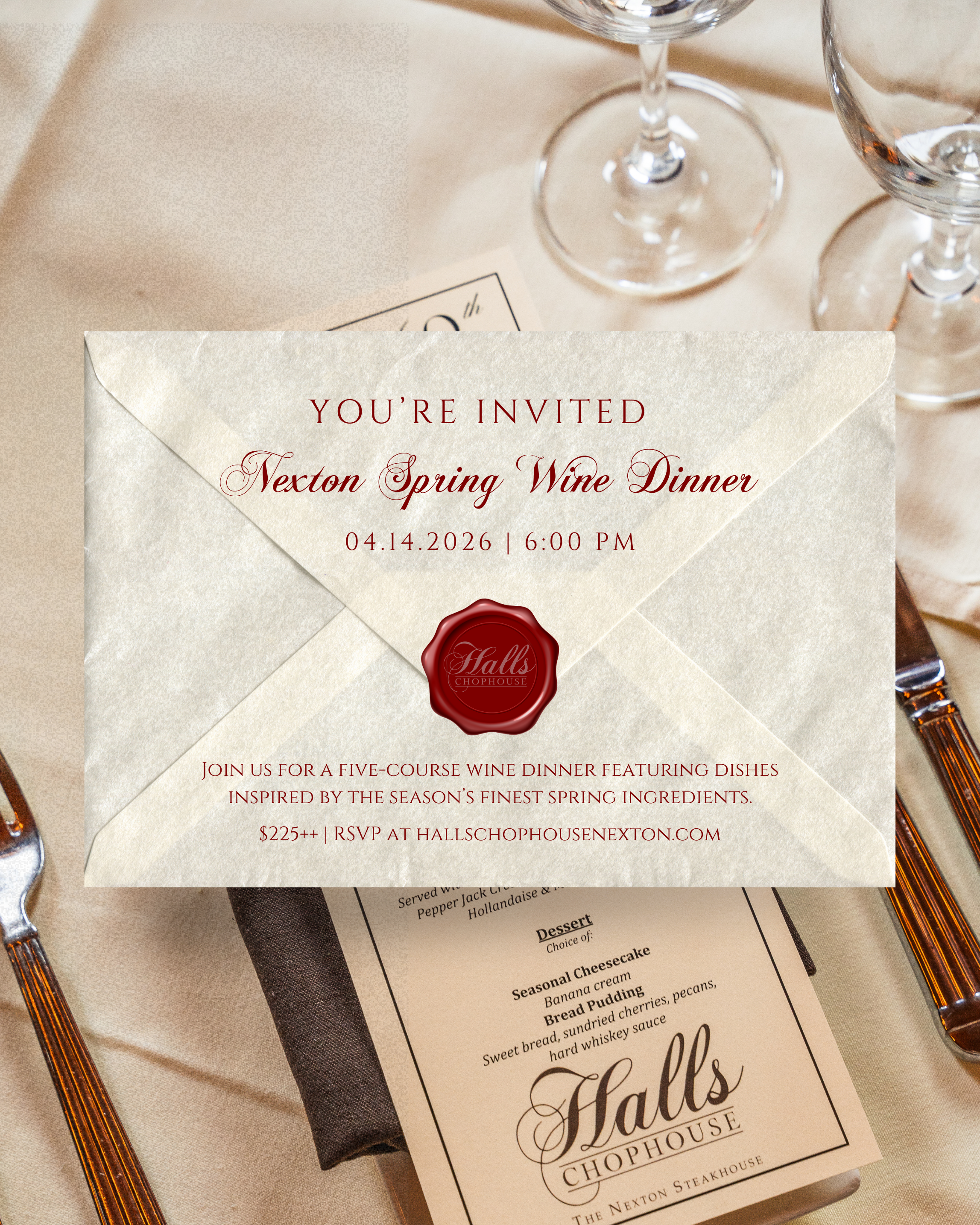 Halls Nexton's Celebration of Spring Wine Dinner, April 14