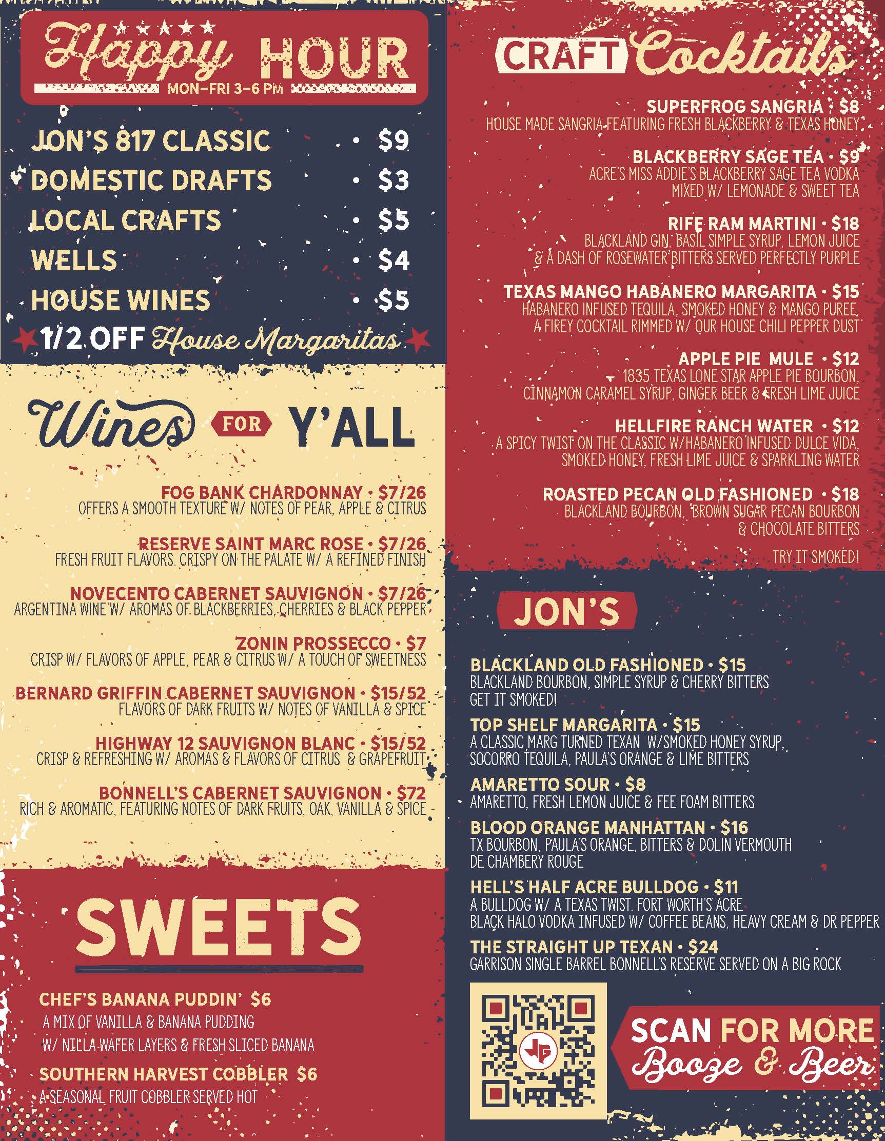 Menus | Jon's Grille in Fort Worth, TX