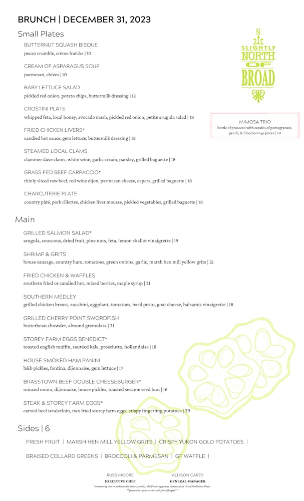 Menus | Slightly North of Broad in Charleston, SC