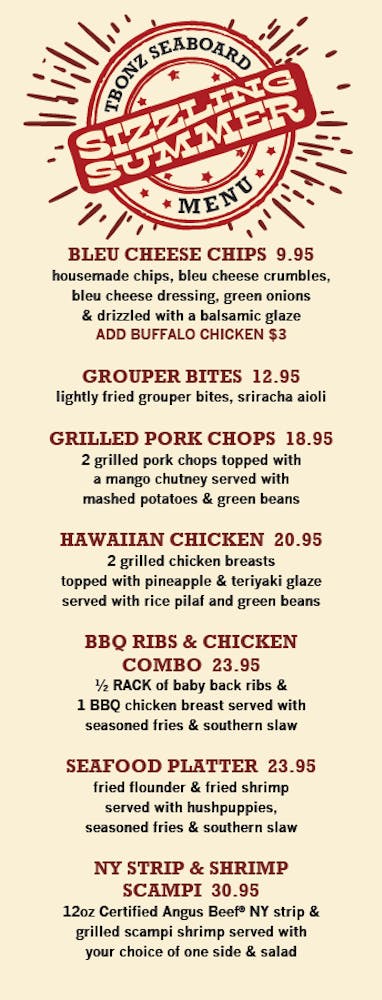 TBonz Myrtle Beach Menus